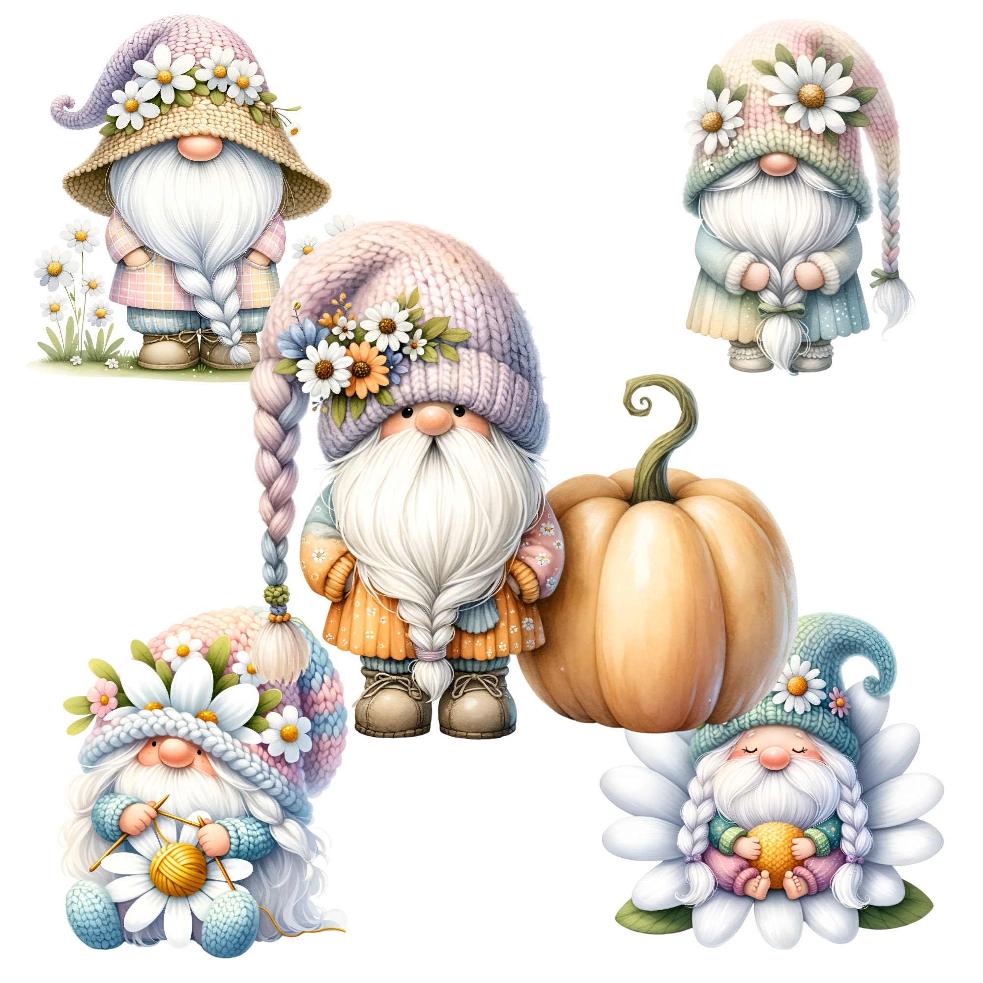 Cute Spring Gnomes With Daisy Flowers Clipart - 14 PNG Watercolor ...