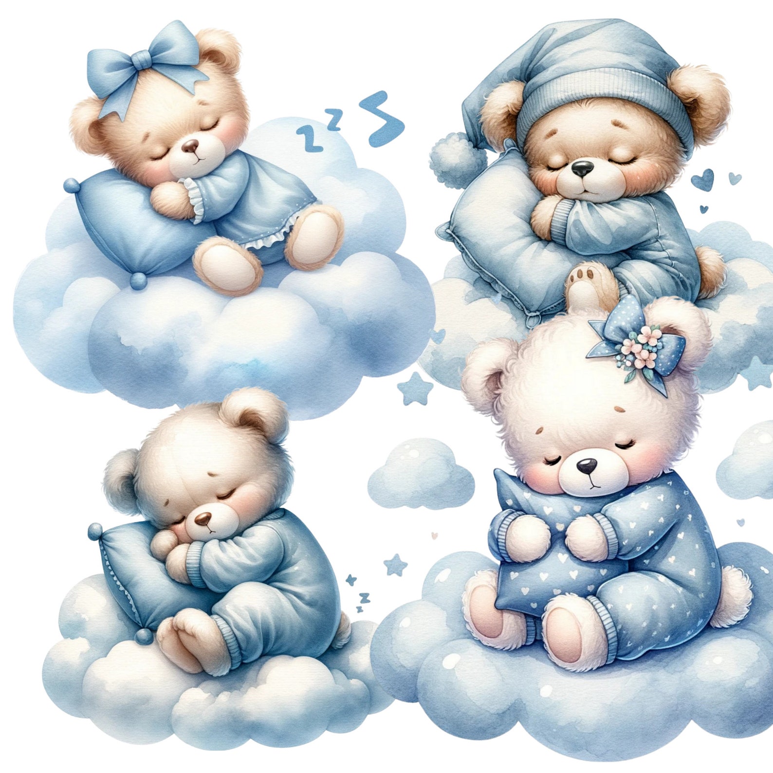 Blue Teddy Bear Baby Shower Clipart Cute Bear in Hot Air Balloon, Boho ...