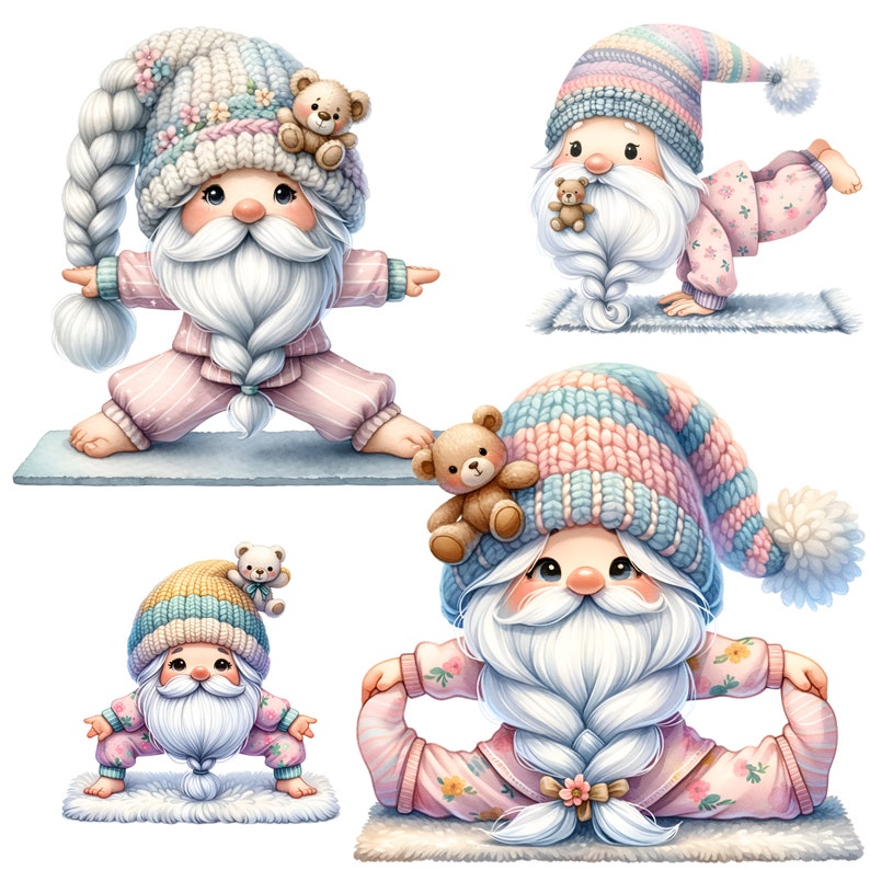 Gnome in Pajamas Yoga Clipart - Cute Watercolor Gnome Graphics ...