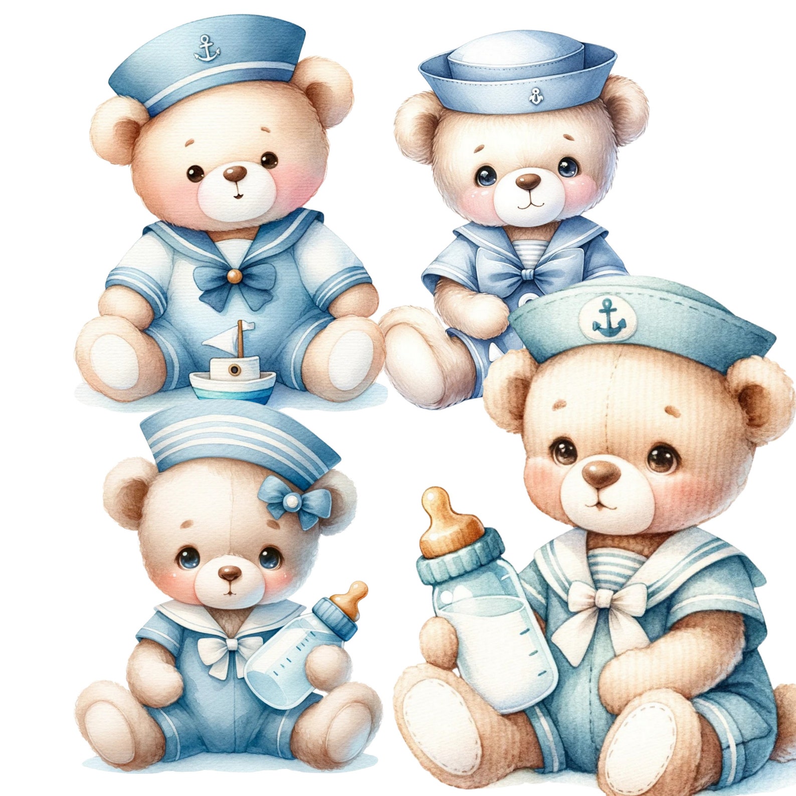 Blue Teddy Bear Baby Shower Clipart Cute Bear in Sailor Ocean. Boho ...