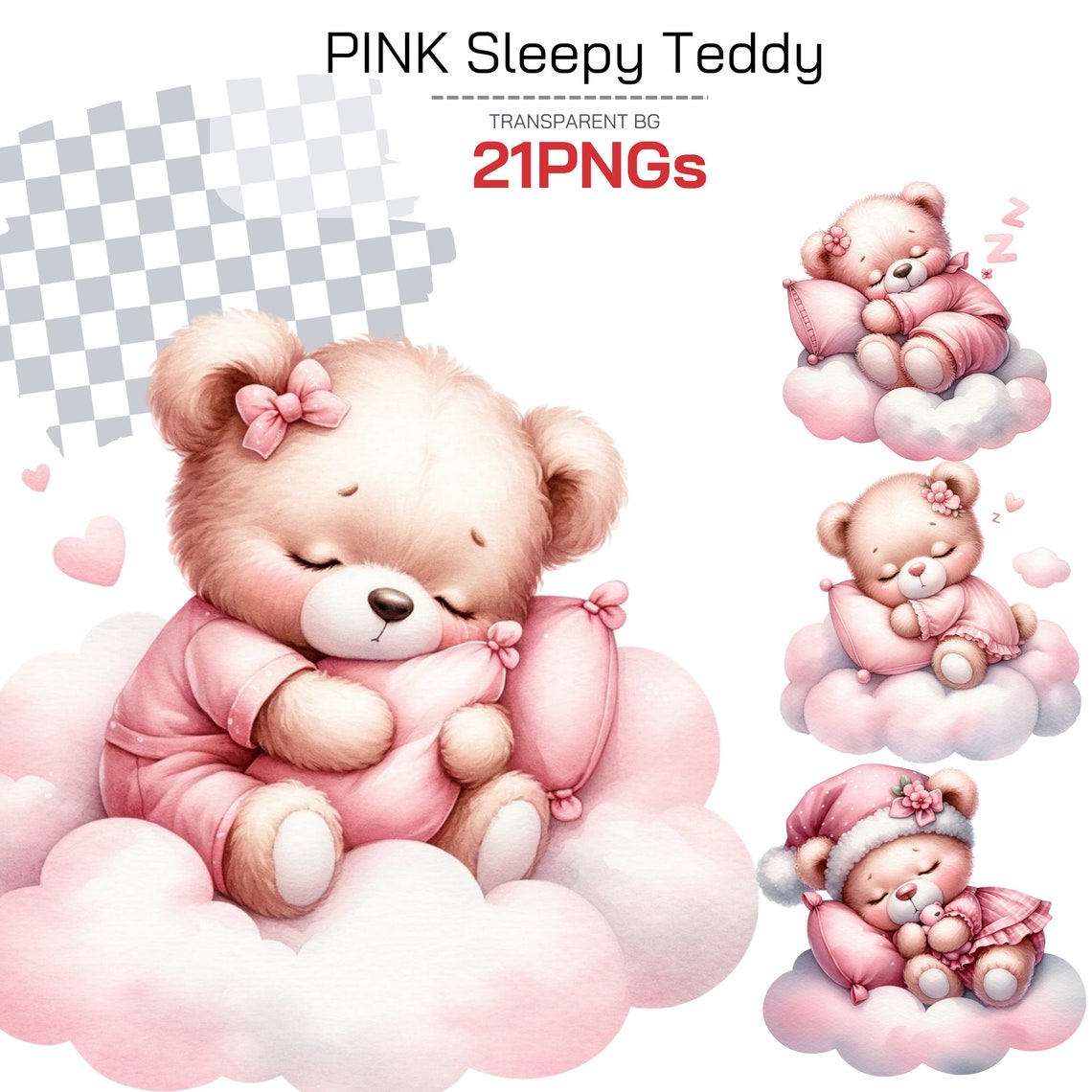 Pink Teddy Bear Clipart Collection Adorable Watercolor Bears for Baby ...