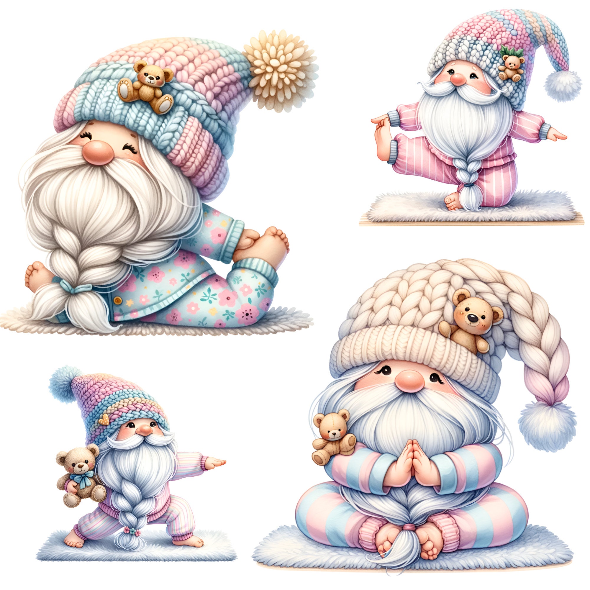 Gnome in Pajamas Yoga Clipart - Cute Watercolor Gnome Graphics ...