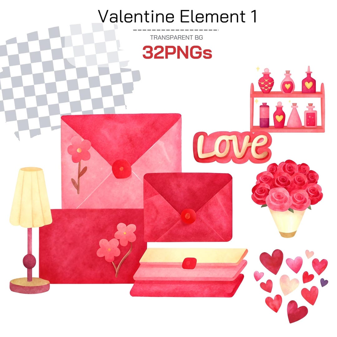 Sweet Valentine Clipart Set – 32 PNG Romantic Elements for Crafts ...