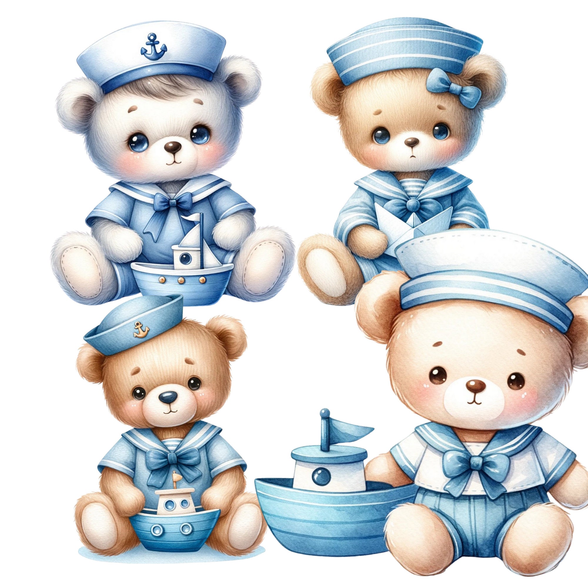 Blue Teddy Bear Baby Shower Clipart - Cute Bear in Sailor Ocean. Boho ...