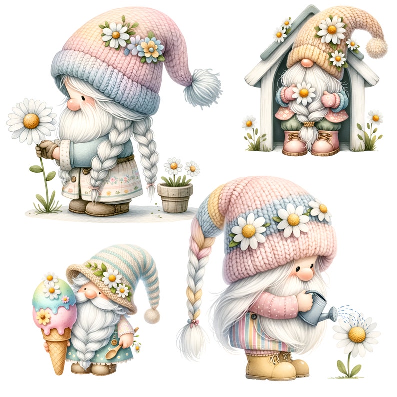 Cute Spring Gnomes With Daisy Flowers Clipart - 14 PNG Watercolor ...