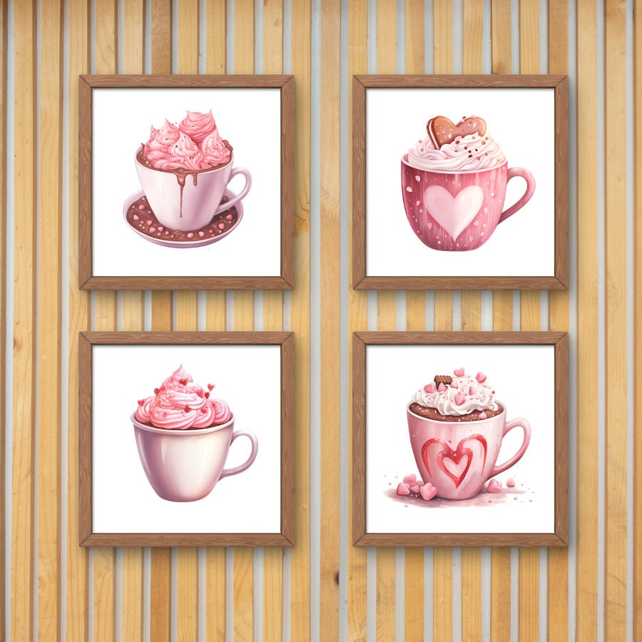 Coffee Clipart Bundle 72 Pink Valentine Coffee Cup Graphics, Watercolor ...