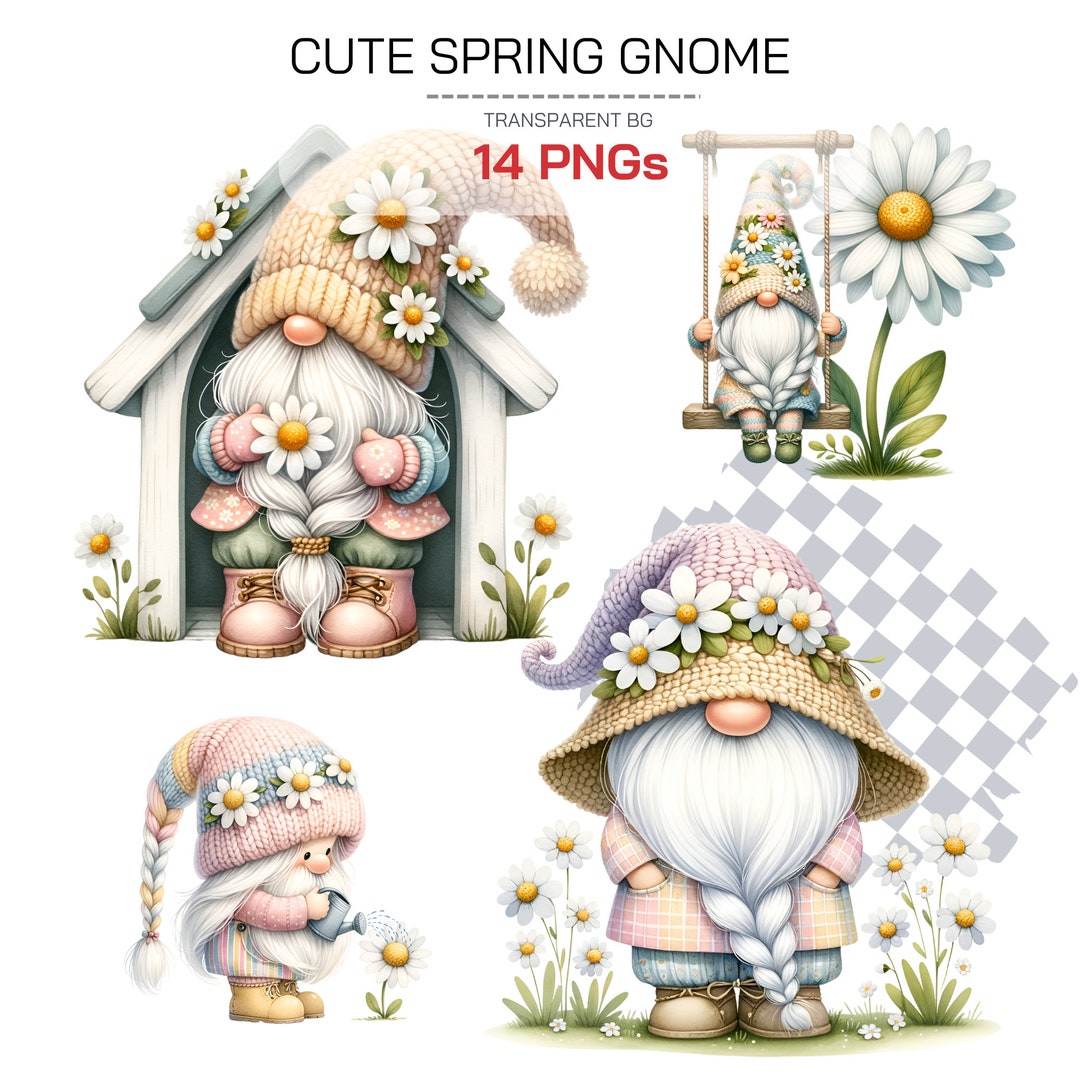 Cute Spring Gnomes With Daisy Flowers Clipart - 14 PNG Watercolor ...