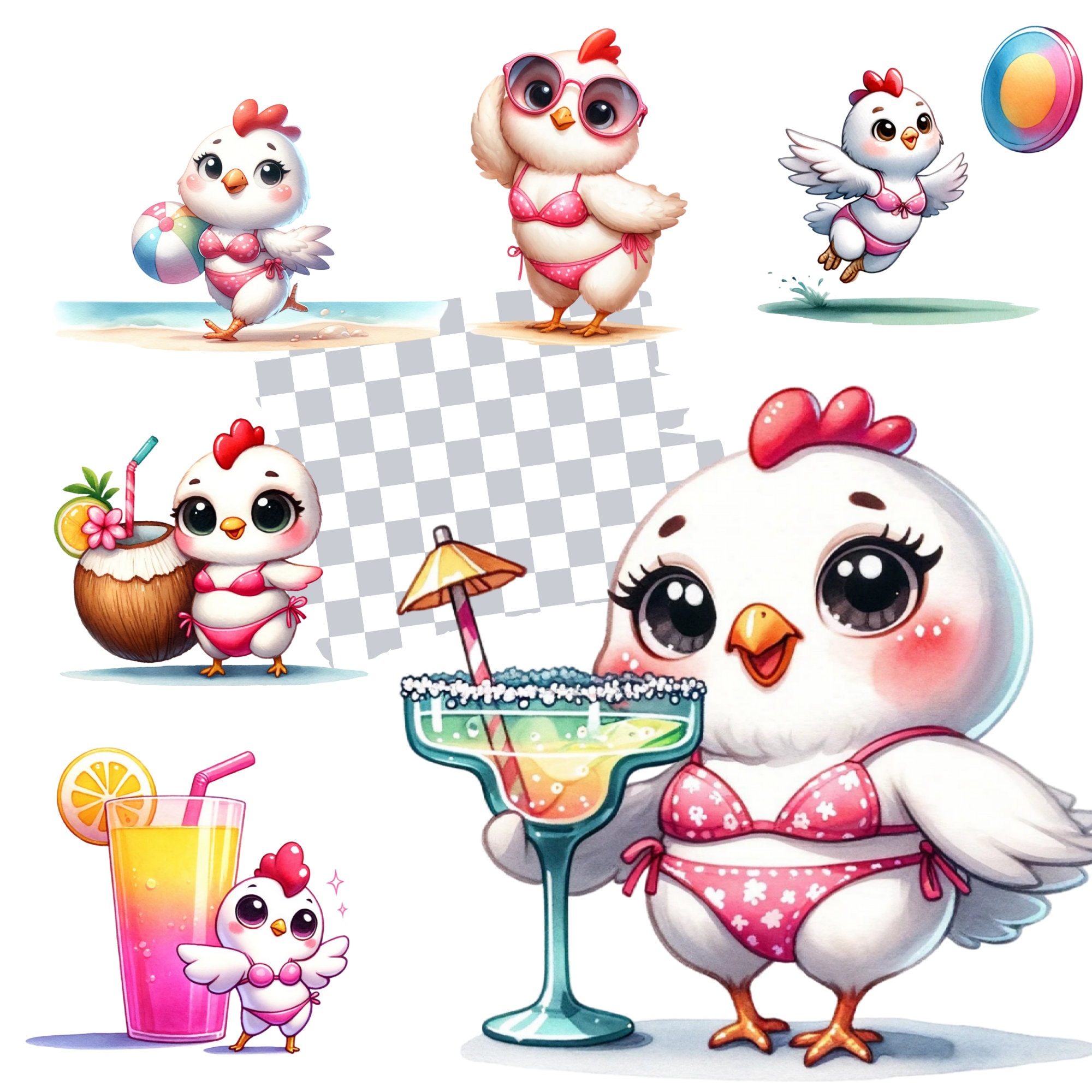 Beach Chicken Clip Art Collection Summer Chicken in Swimsuit & Bikini ...