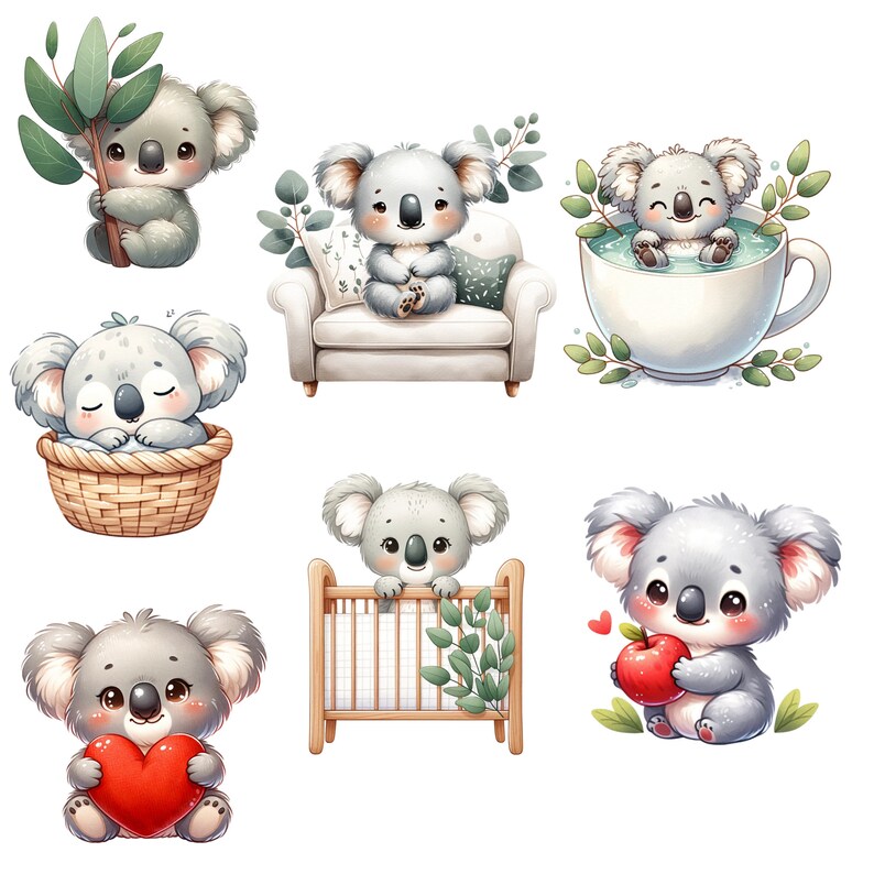 Cute Baby Koala Eucalyptus Clipart Bundle Set Png Collection - Perfect ...