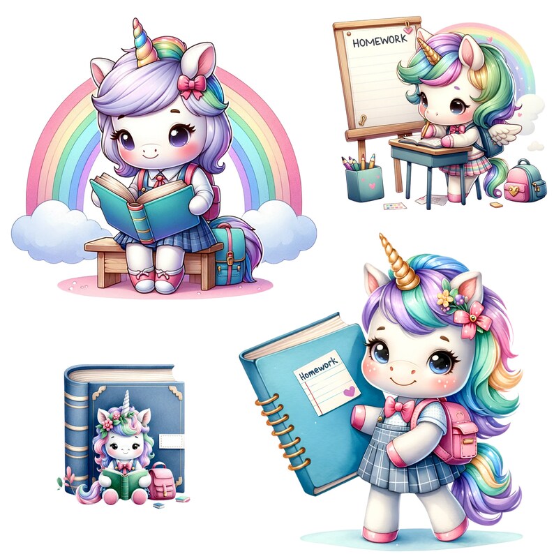 Unicorn Back to School Clipart - Cute Unicorn School PNG Set, Adorable ...