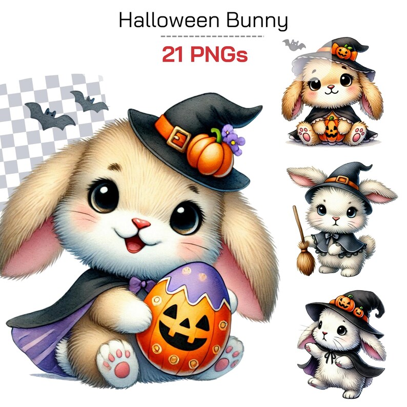 Halloween Bunny Clipart Collection | Cute Witch Rabbit in Nursery Decor ...