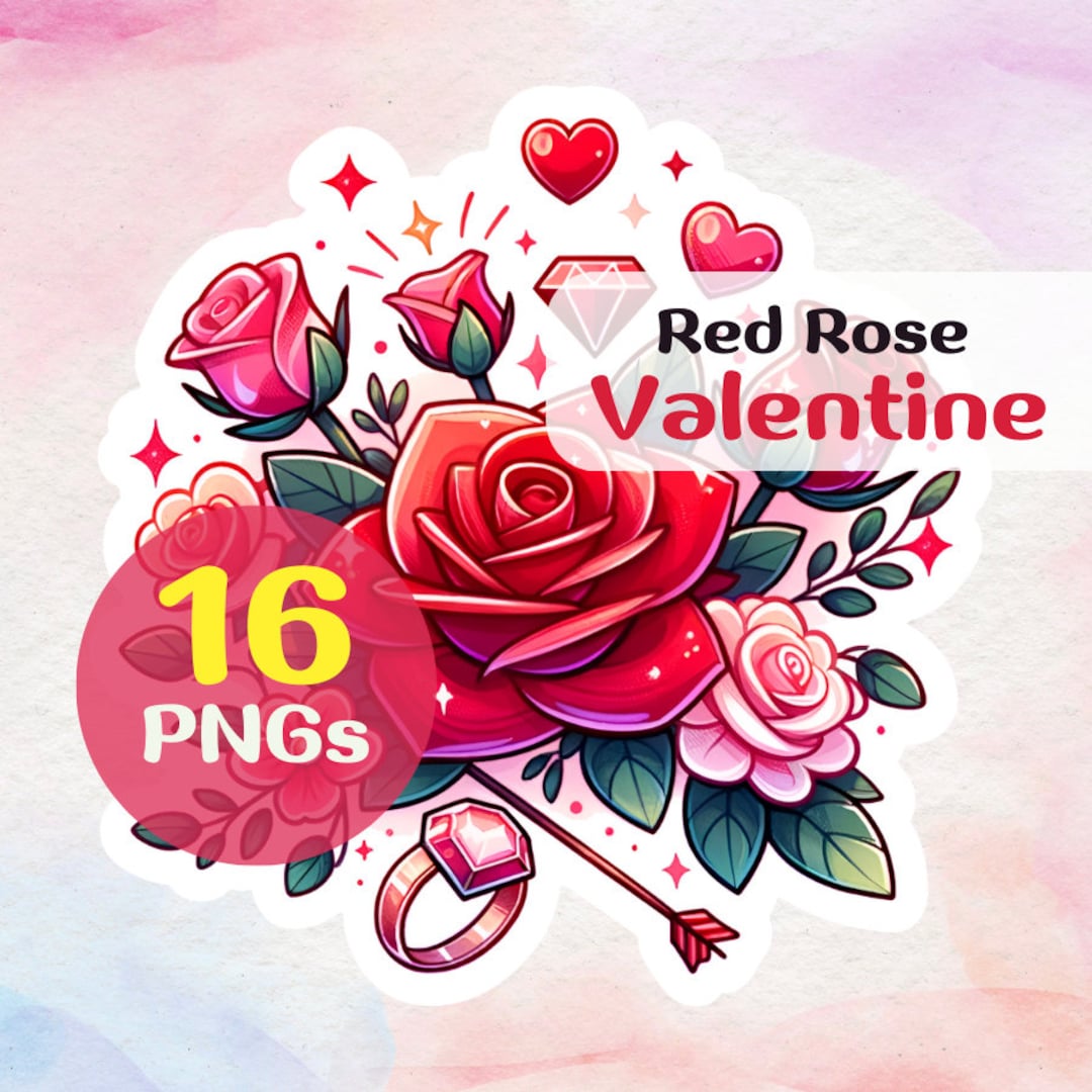 Red Rose Watercolor Sticker Clipart - 16 Elegant Pngs for Valentine's ...
