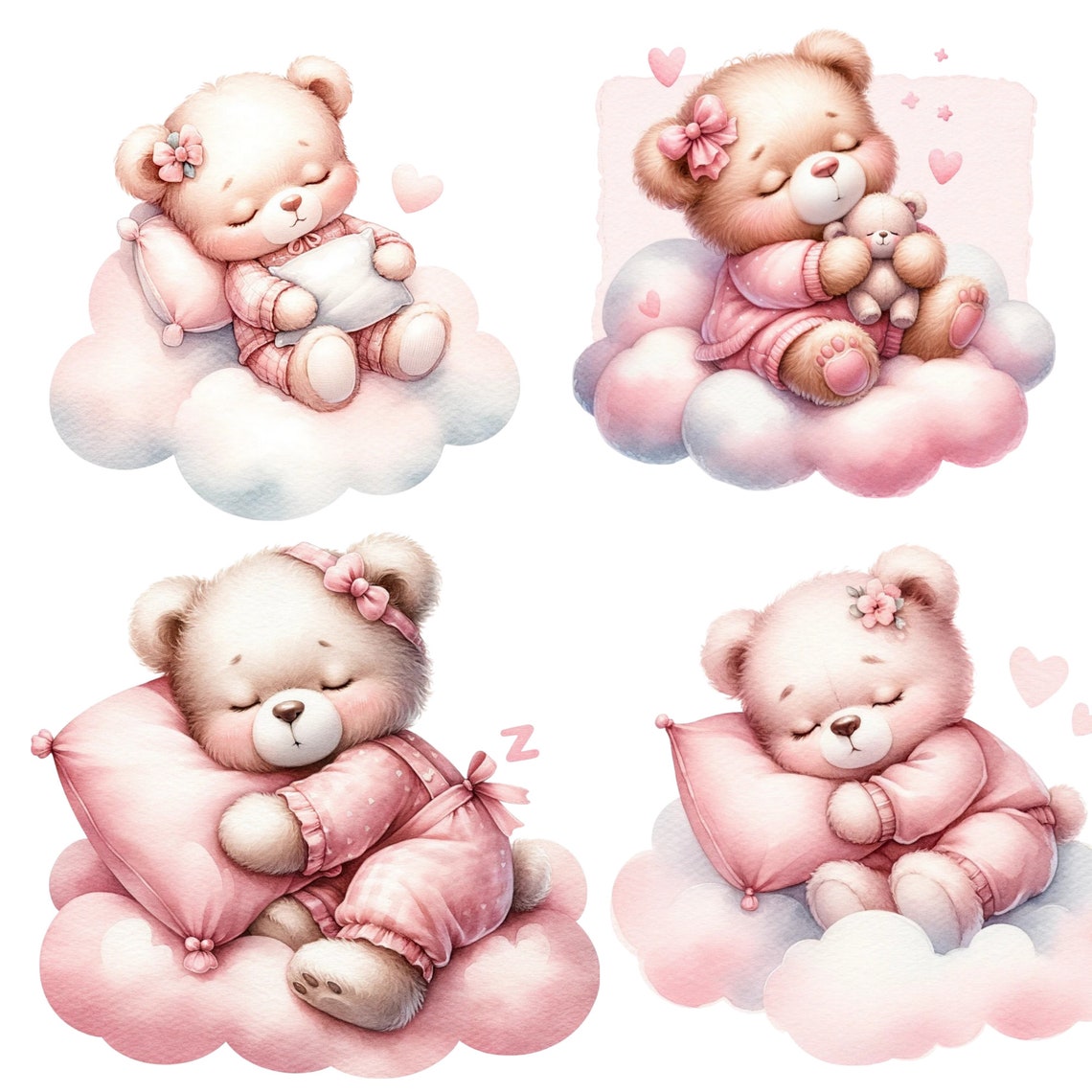 Pink Teddy Bear Clipart Collection Adorable Watercolor Bears for Baby ...