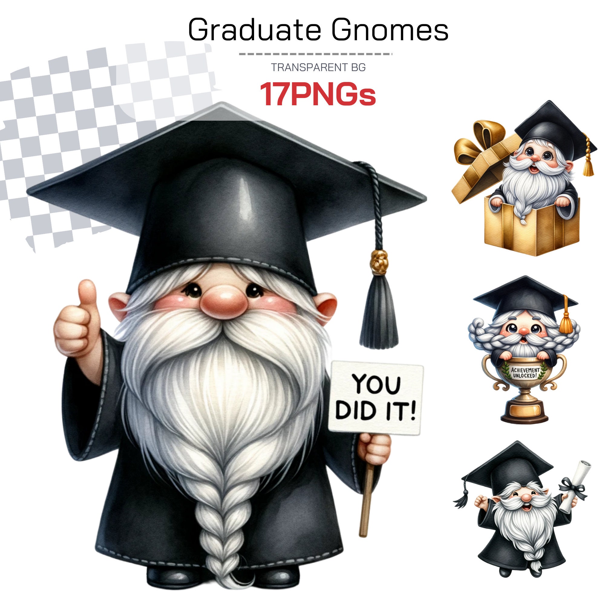 Graduation Gnome Clipart PNG Bundle Set Perfect for Celebrating ...
