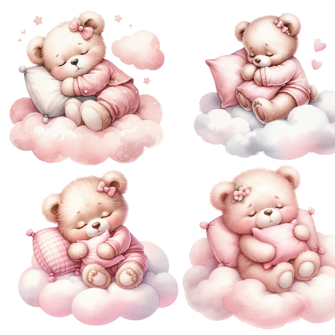 Pink Teddy Bear Clipart Collection Adorable Watercolor Bears for Baby ...