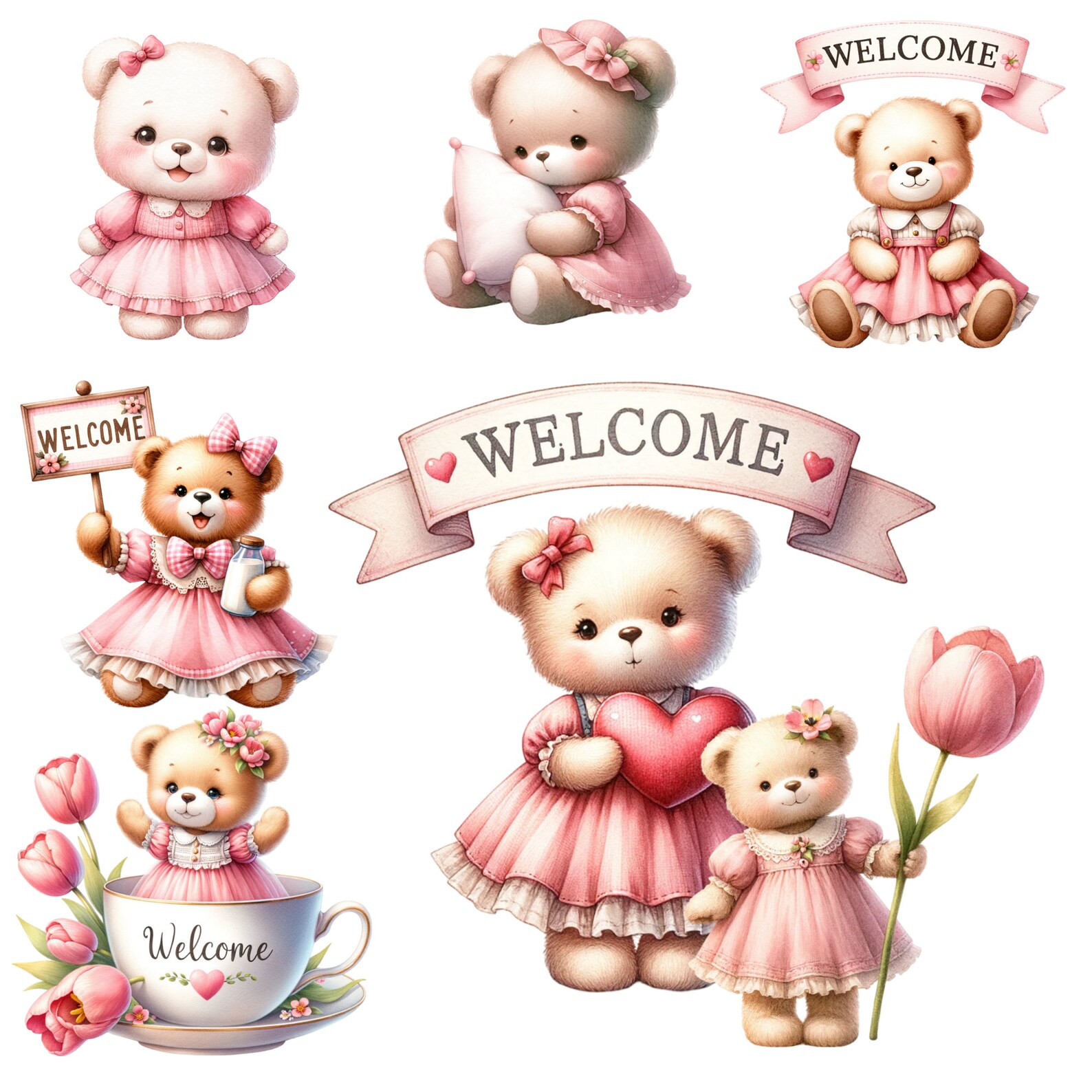 Welcome Baby Teddy Bear Clipart Bundle Png Pink Collection - Perfect ...