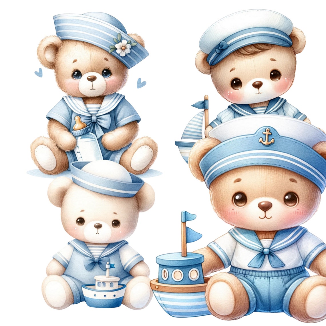 Blue Teddy Bear Baby Shower Clipart Cute Bear in Sailor Ocean. Boho ...
