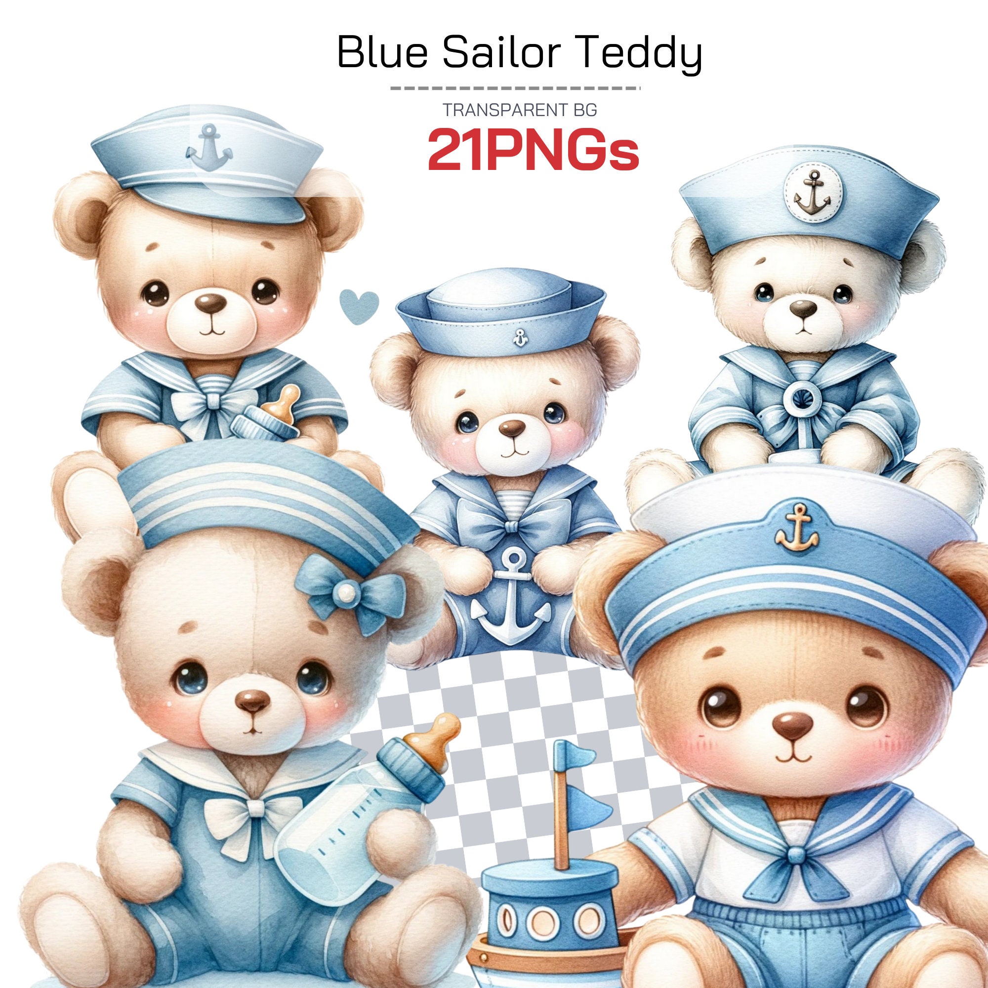 Blue Teddy Bear Baby Shower Clipart - Cute Bear in Sailor Ocean. Boho ...