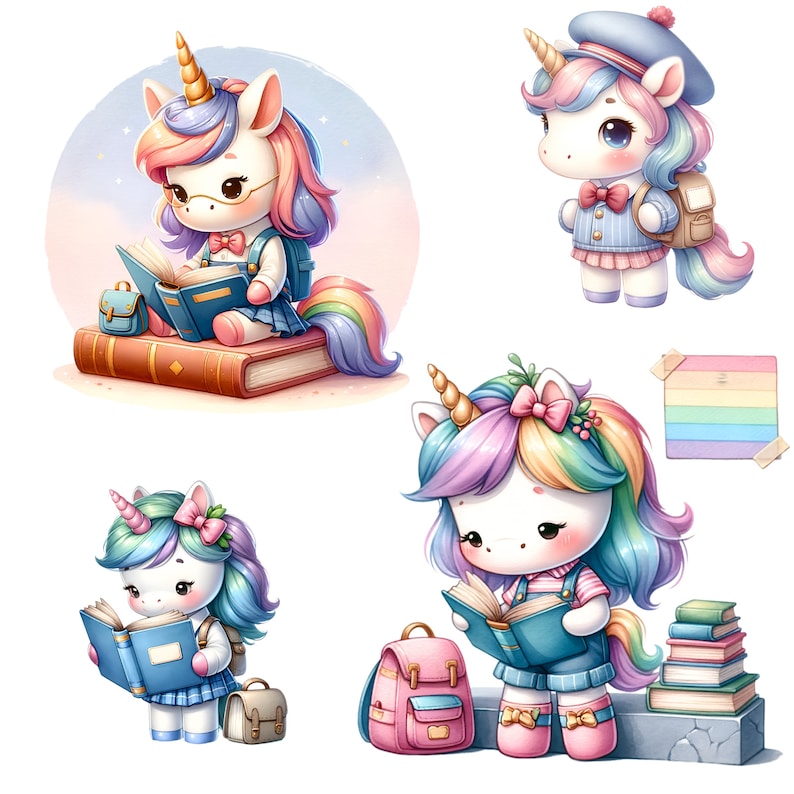 Unicorn Back to School Clipart - Cute Unicorn School PNG Set, Adorable ...