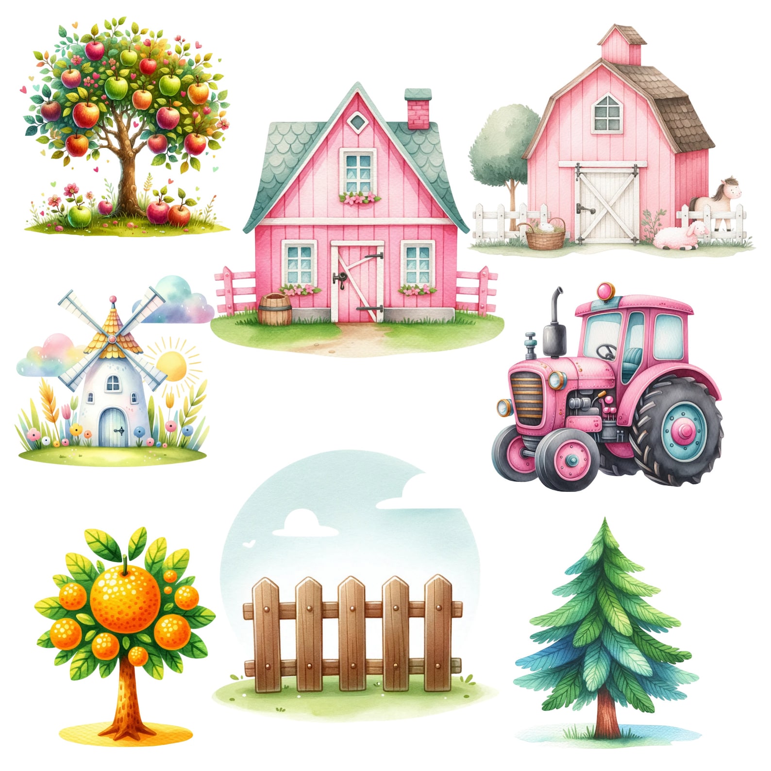Pink Farm Clipart and Watercolor Animals Bundle Png Collection ...