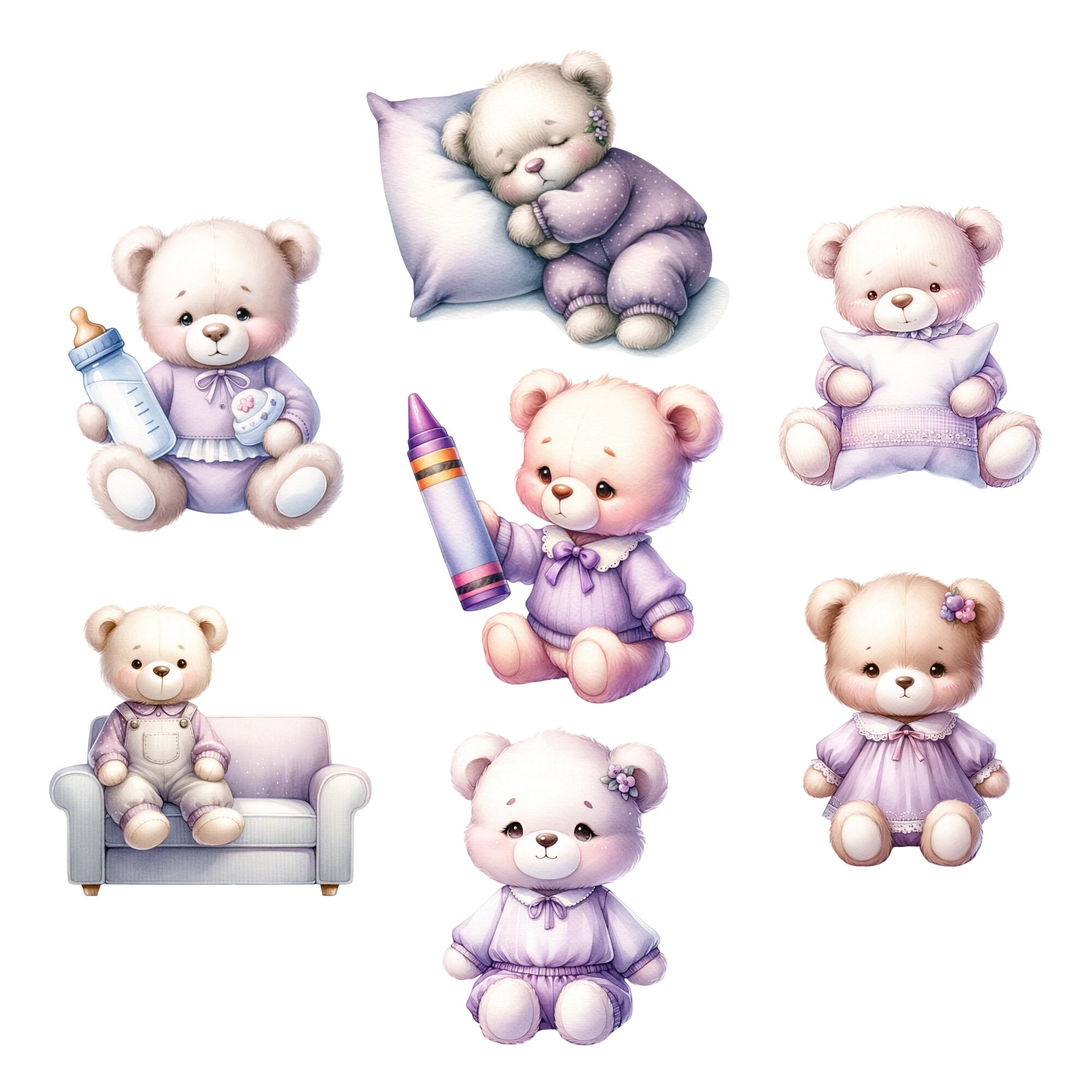 Purple Teddy Bear Clipart Collection | Boho Nursery Decor & Baby Shower ...