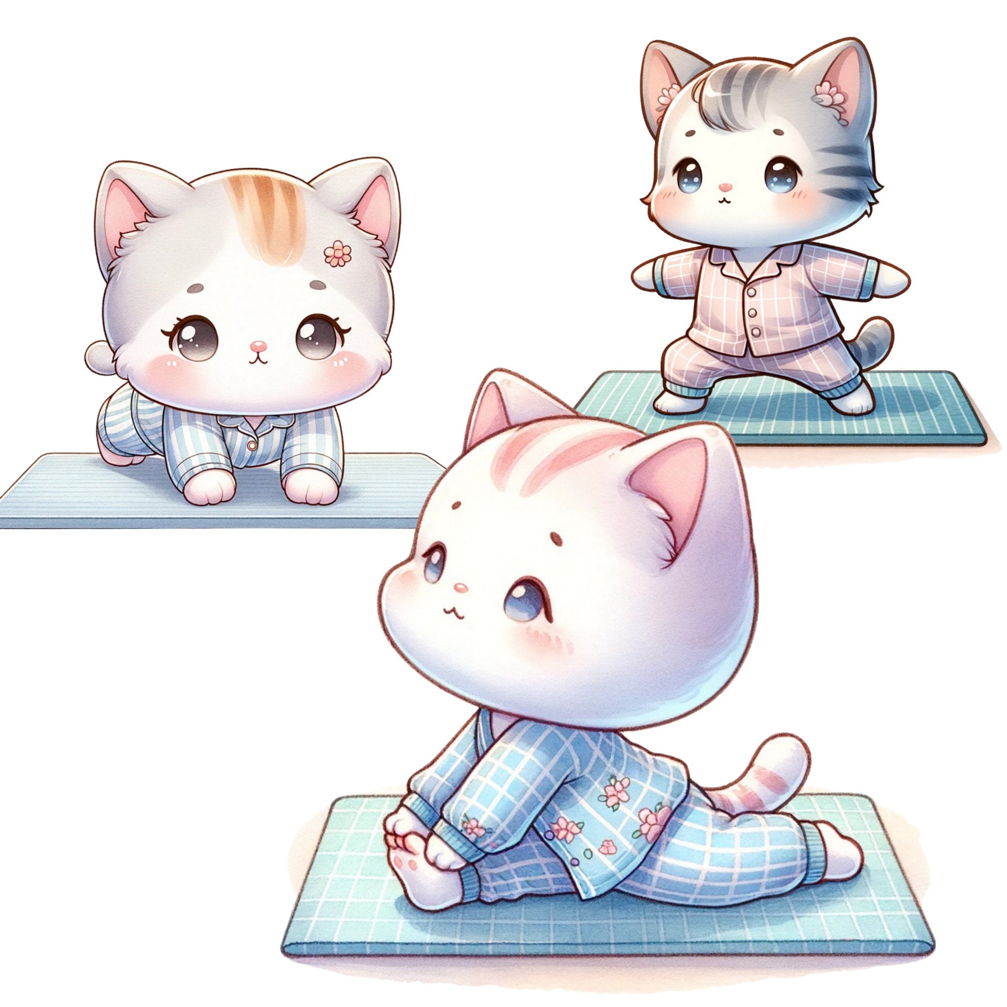 Cute Yoga Cat Clipart Collection Kawaii Cats in Pajamas, Perfect for ...