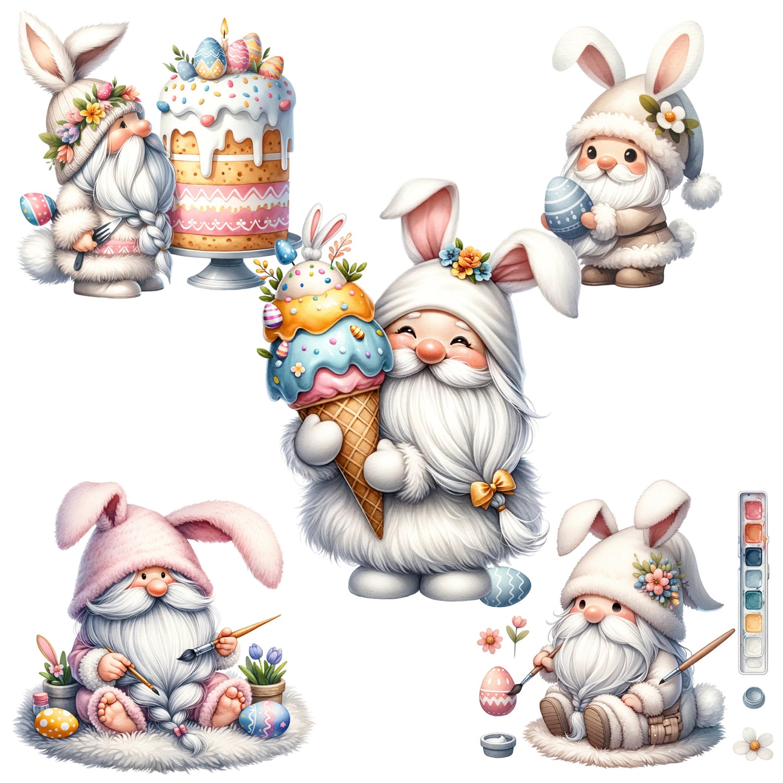 Easter Gnome Clipart Collection Spring Gnomes With Bunnies Eggs Floral ...