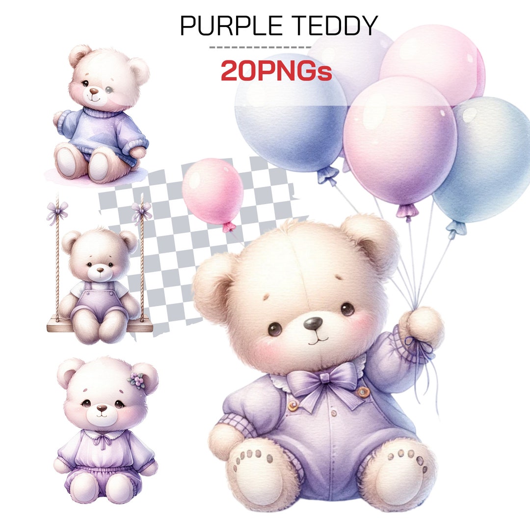Purple Teddy Bear Clipart Collection | Boho Nursery Decor & Baby Shower ...