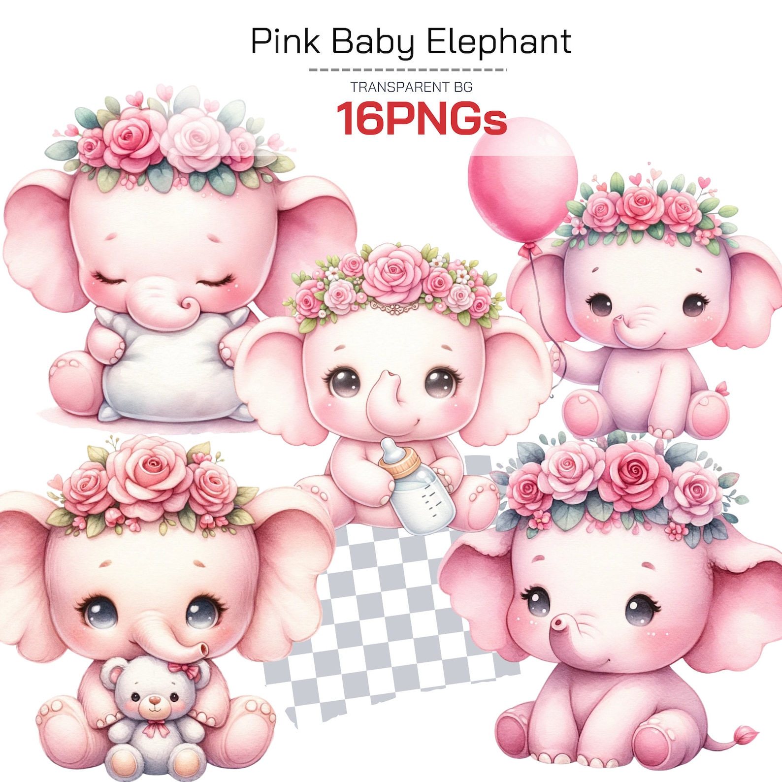 Pink Baby Elephant Clipart Adorable Safar-jungle Nursery PNG, Cute Pink ...