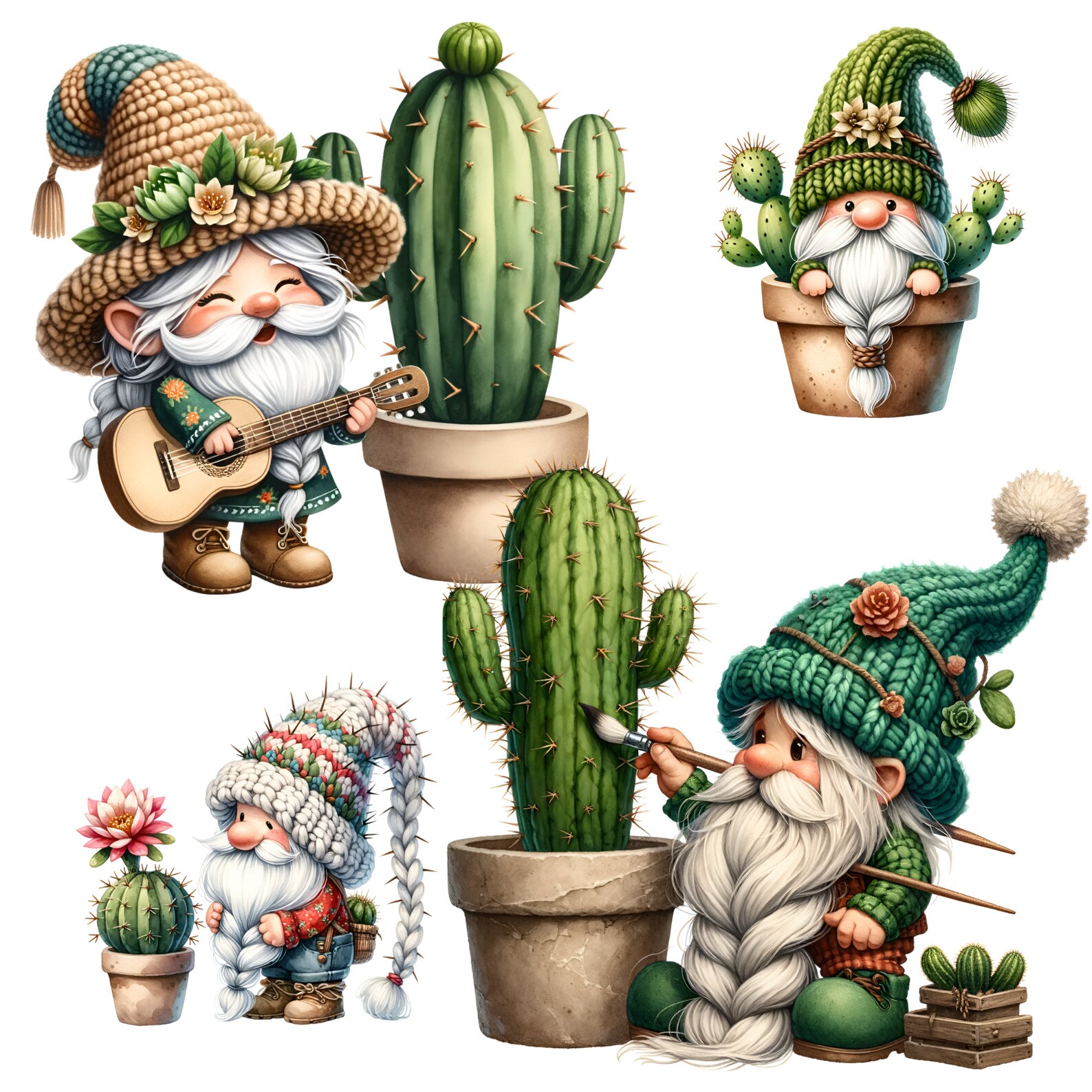Flowering Cactus Gnome Clipart - Cute Watercolor Garden Gnomes Bundle ...