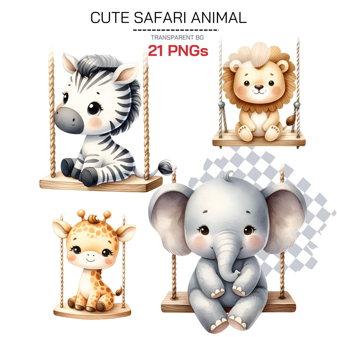 Baby Safari Png on the Swing - Cute Jungle Animals PNG, Safari Nursery ...