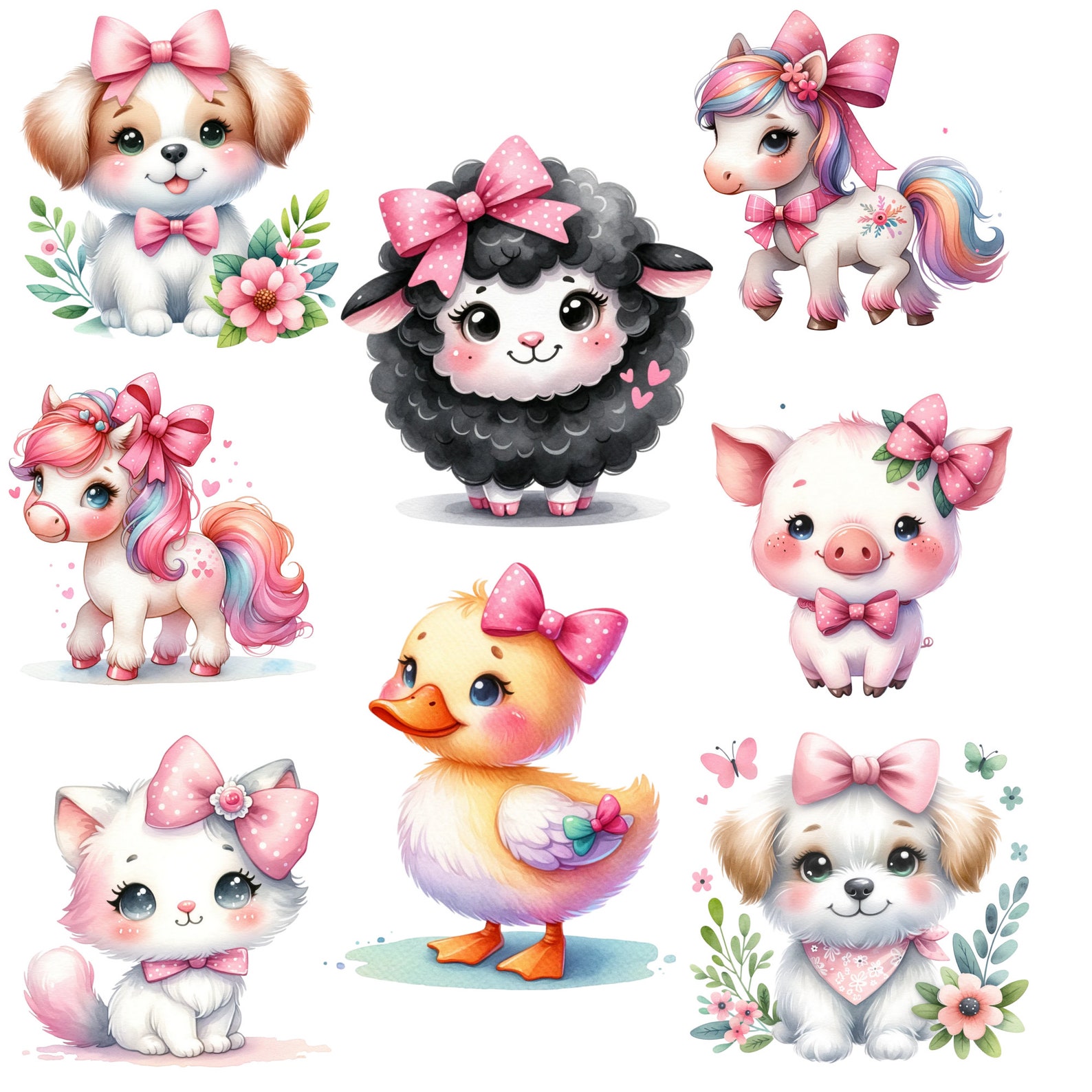 Pink Farm Clipart and Watercolor Animals Bundle Png Collection ...