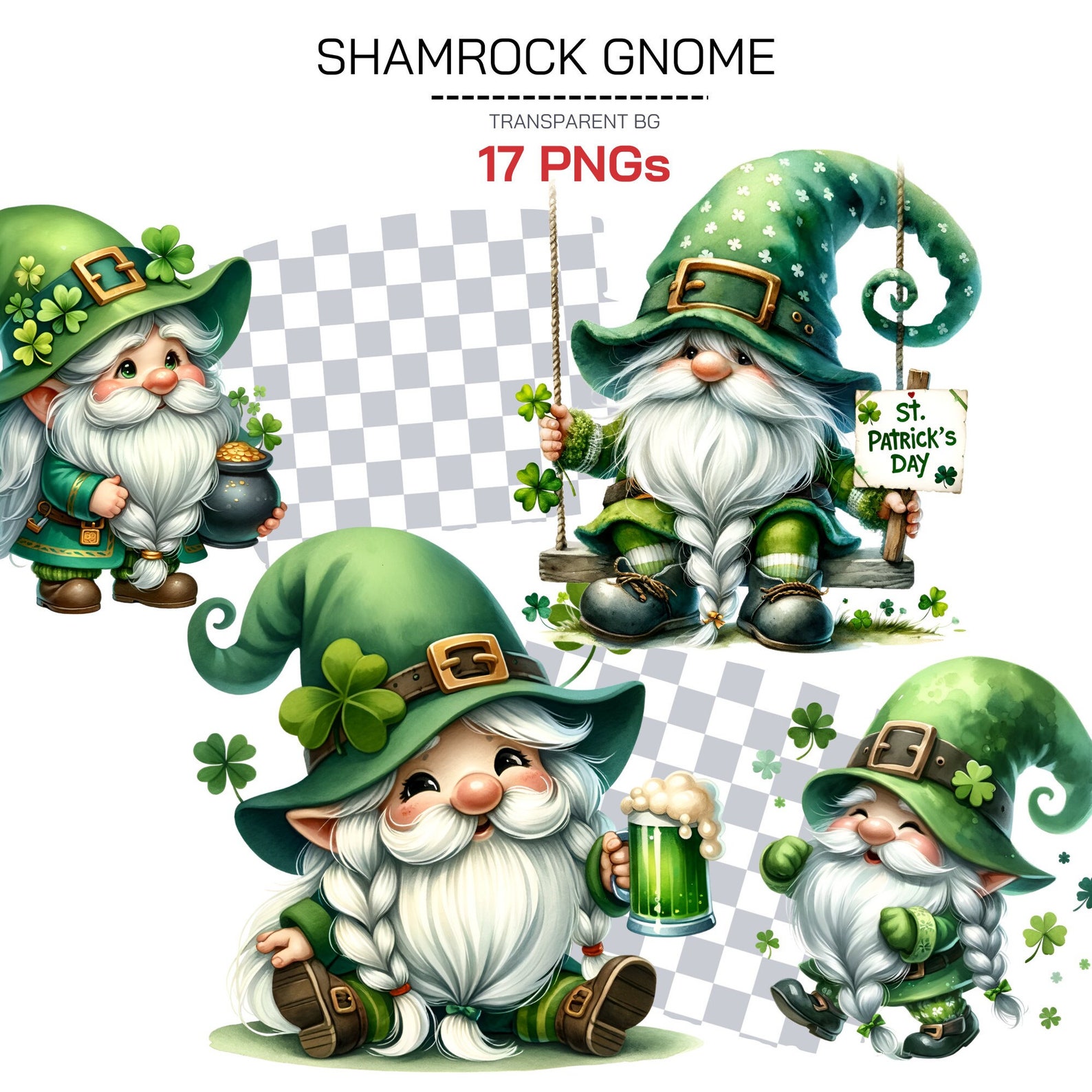 St. Patrick's Day Gnomes Clipart - Watercolor Gnome PNG, Irish Clover ...