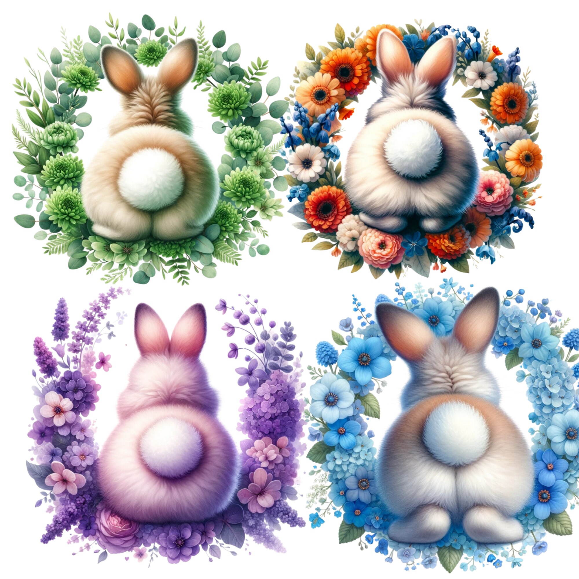 Cute Bunny Butt Clipart - Flower Floral Wreath Collection Perfect for ...