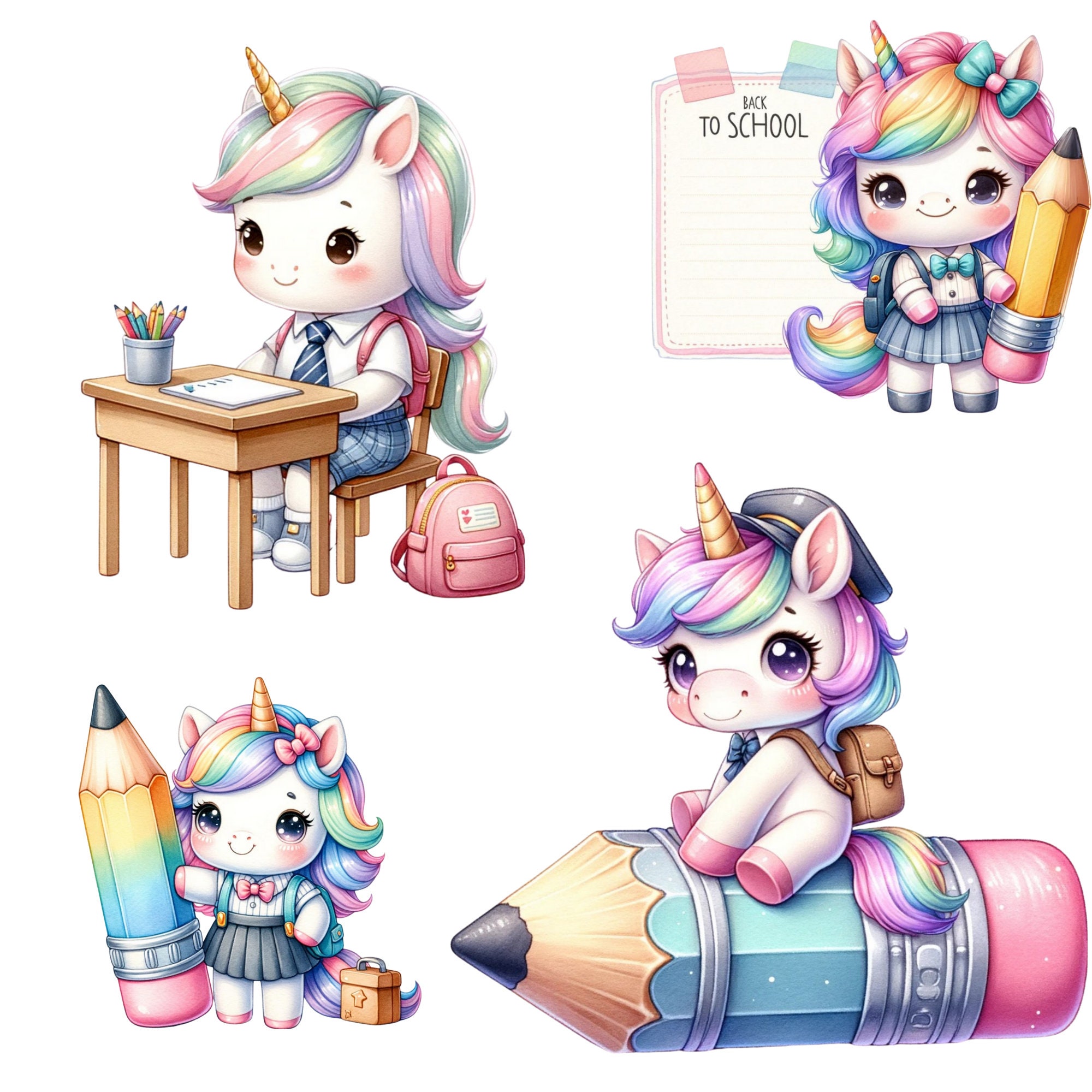 Unicorn Back to School Clipart - Cute Unicorn School PNG Set, Adorable ...