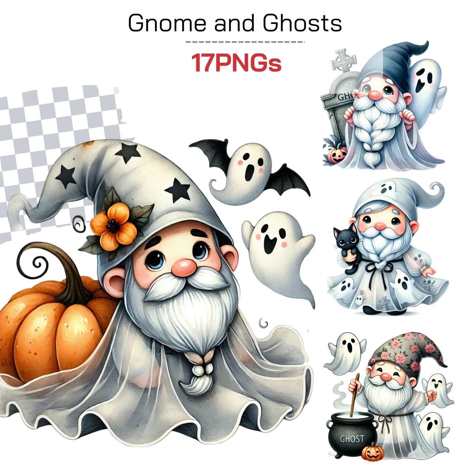 Ghost Gnome Halloween Clipart Collection | Cute and Spooky Watercolor ...