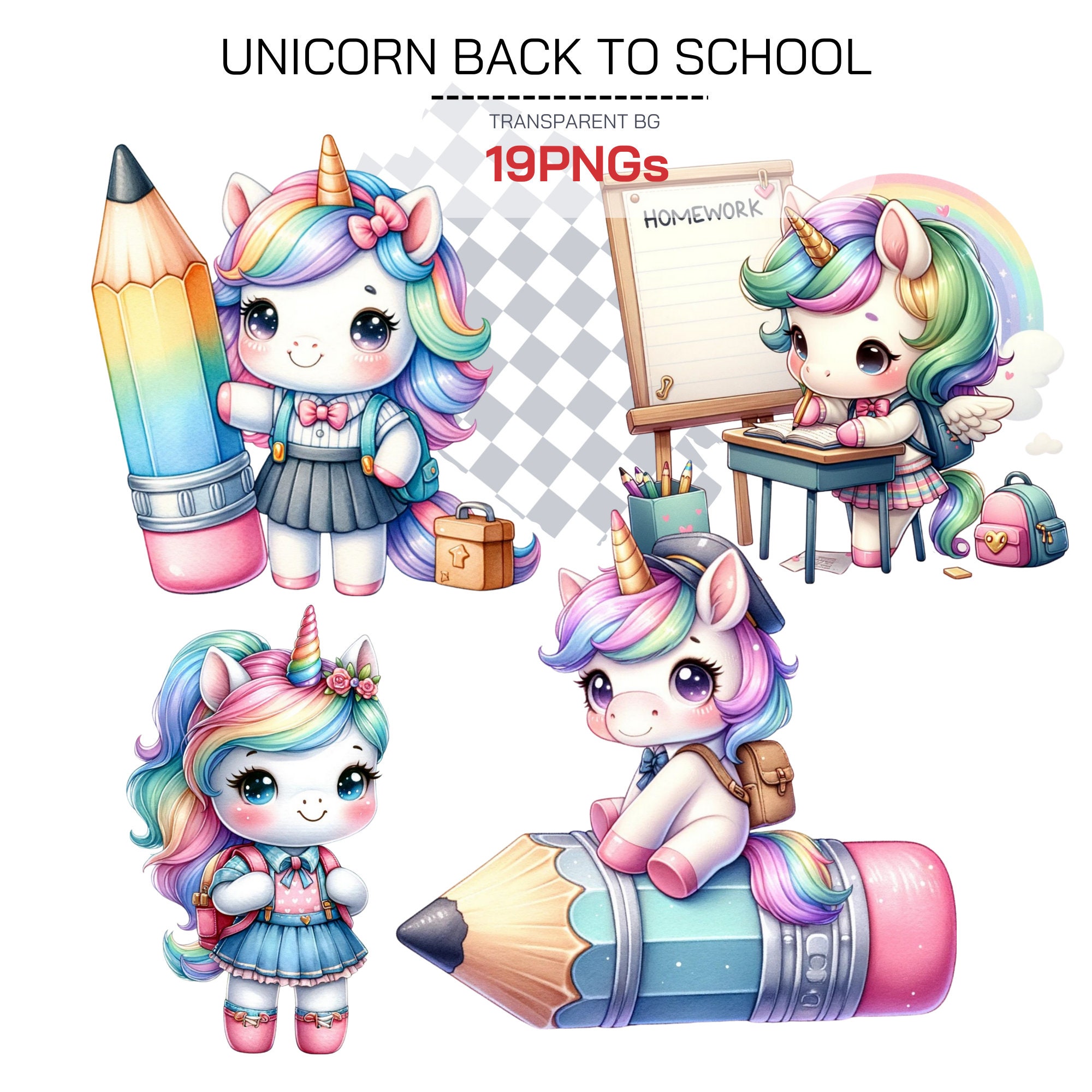 Unicorn Back to School Clipart - Cute Unicorn School PNG Set, Adorable ...