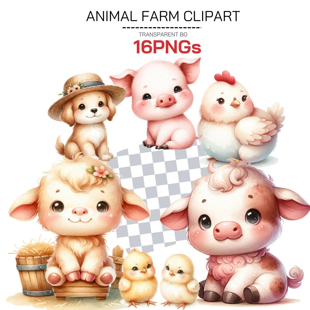 Farm Clipart Collection - Watercolor Barnyard Animals, Tractor & Pink ...