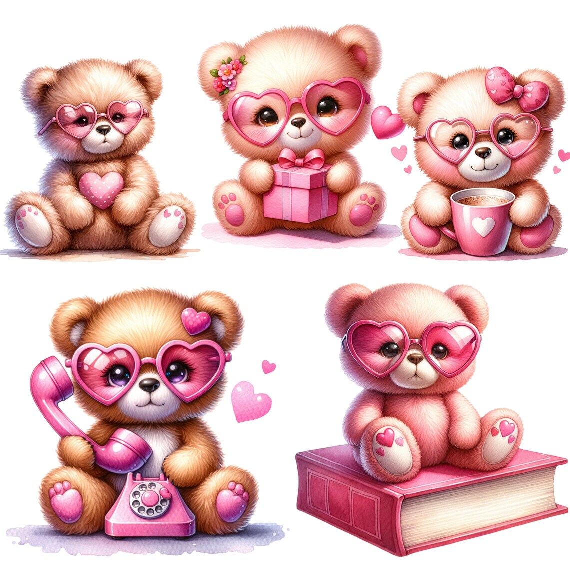 Pink Teddy Bear Clipart Bundle Set Wear Glasses, Adorable Pink Baby ...