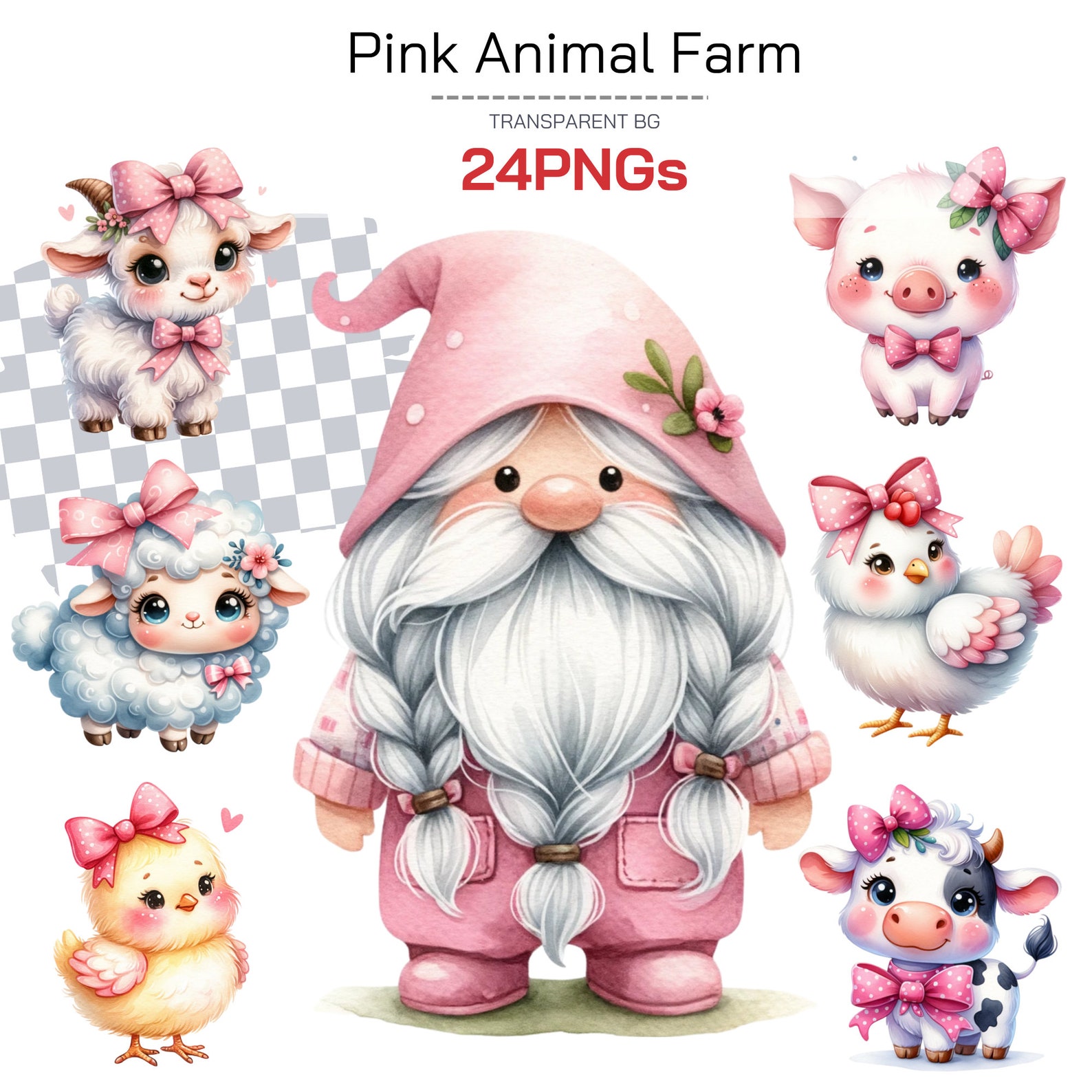 Pink Farm Clipart and Watercolor Animals Bundle Png Collection ...
