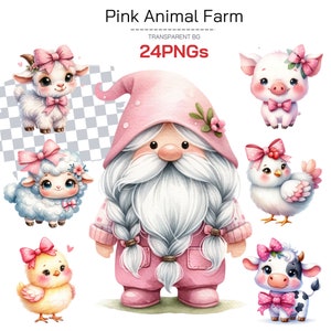 Pink Farm Clipart and Watercolor Animals Bundle Png Collection ...