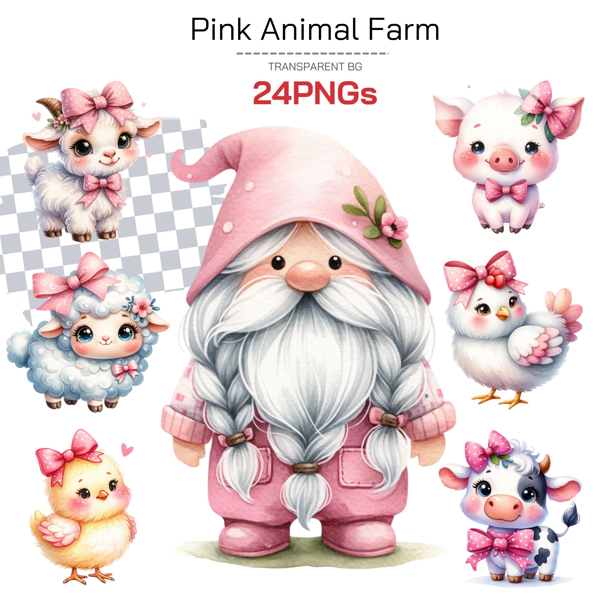 Pink Farm Clipart and Watercolor Animals Bundle Png Collection ...