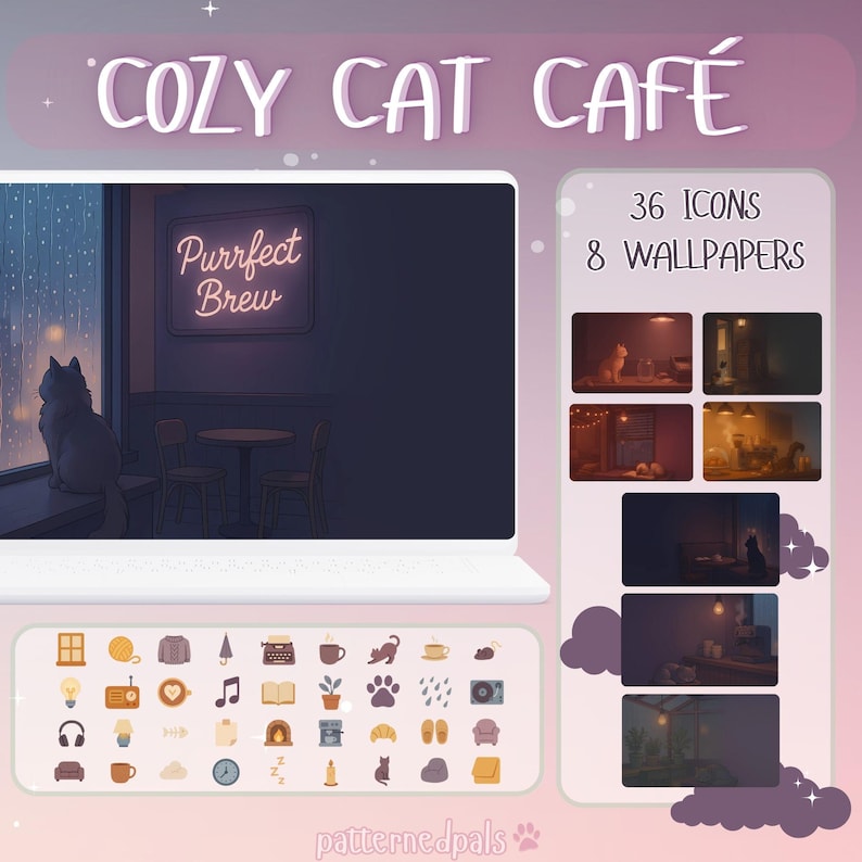 Cozy Cat Café Desktop Icons and Wallpaper Organizer Set | Aesthetic Cat ...