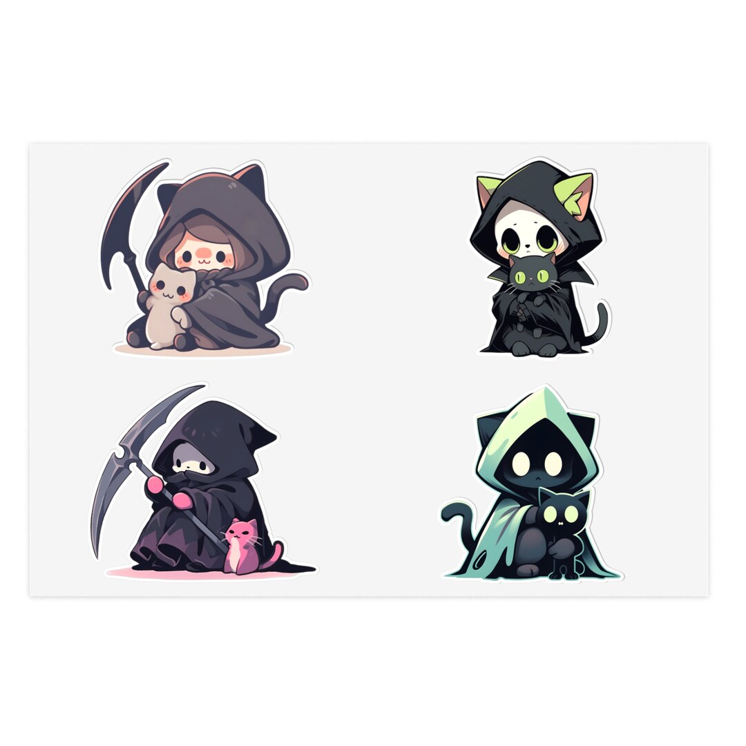Grim Reaper and Cat Kawaii Stickersheet: Delightfully Charming Designs ...