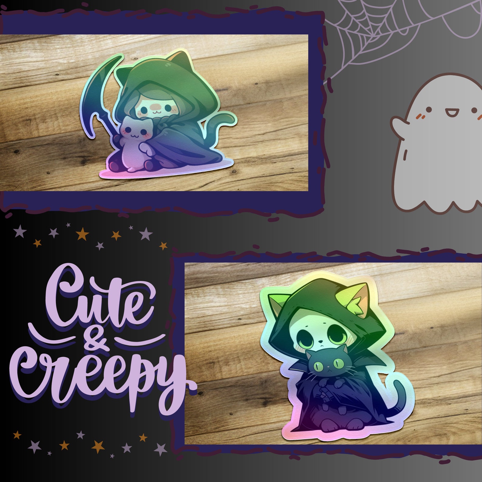 Grim Reaper and Cat Kawaii Stickersheet: Delightfully Charming Designs ...