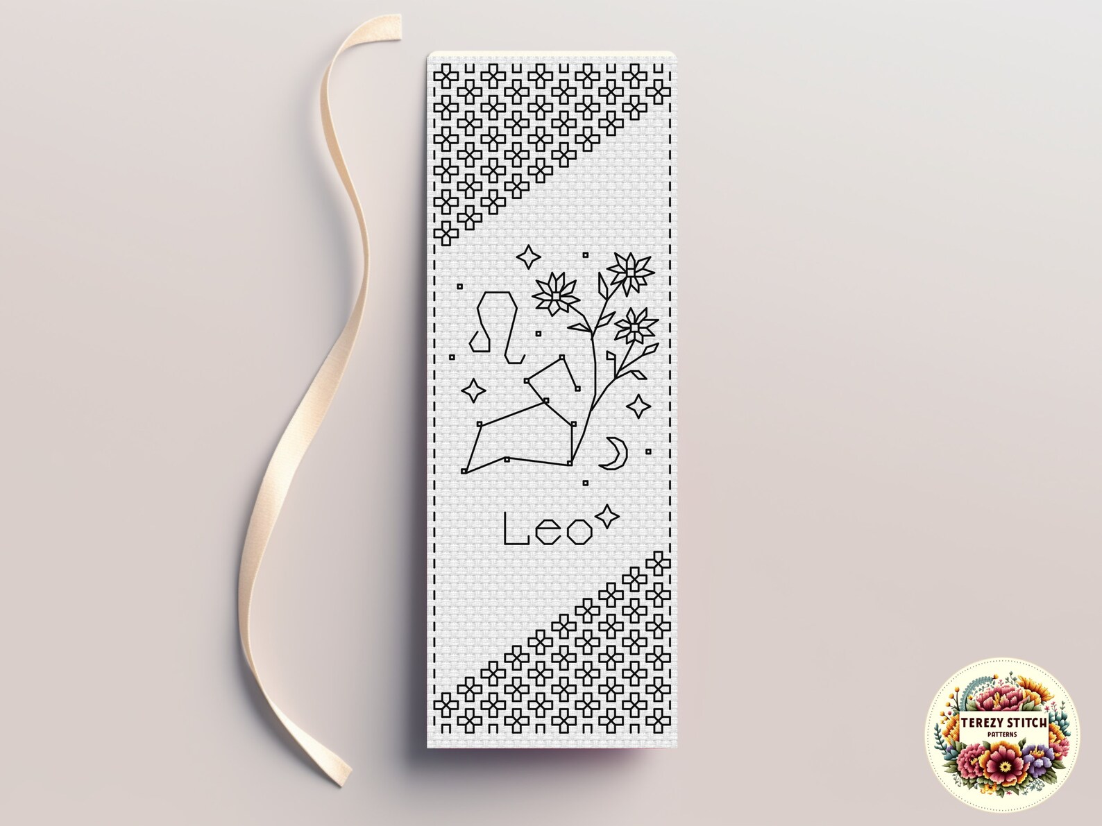 Leo Zodiac Blackwork Bookmark Pattern - Blackwork Embroidery Sampler ...