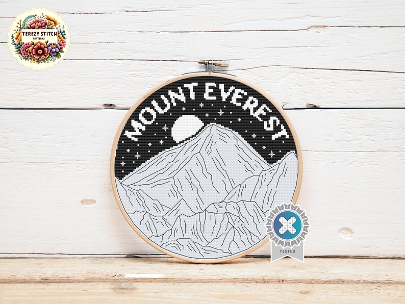 Mount Everest Cross Stitch Pattern: Blackwork Mountain Embroidery (PDF ...