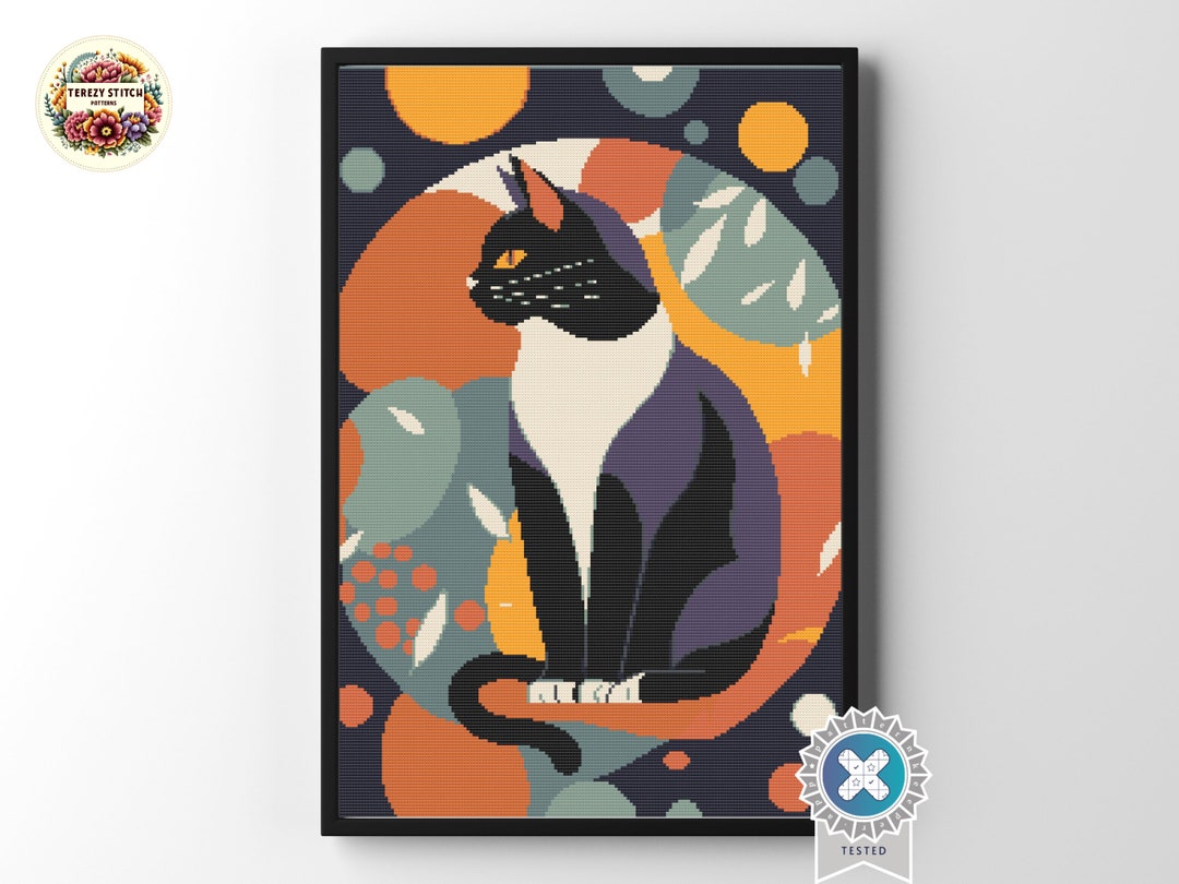 Abstract Cat - Digital Cross Stitch Pattern, Embroidery Designs Trendy ...