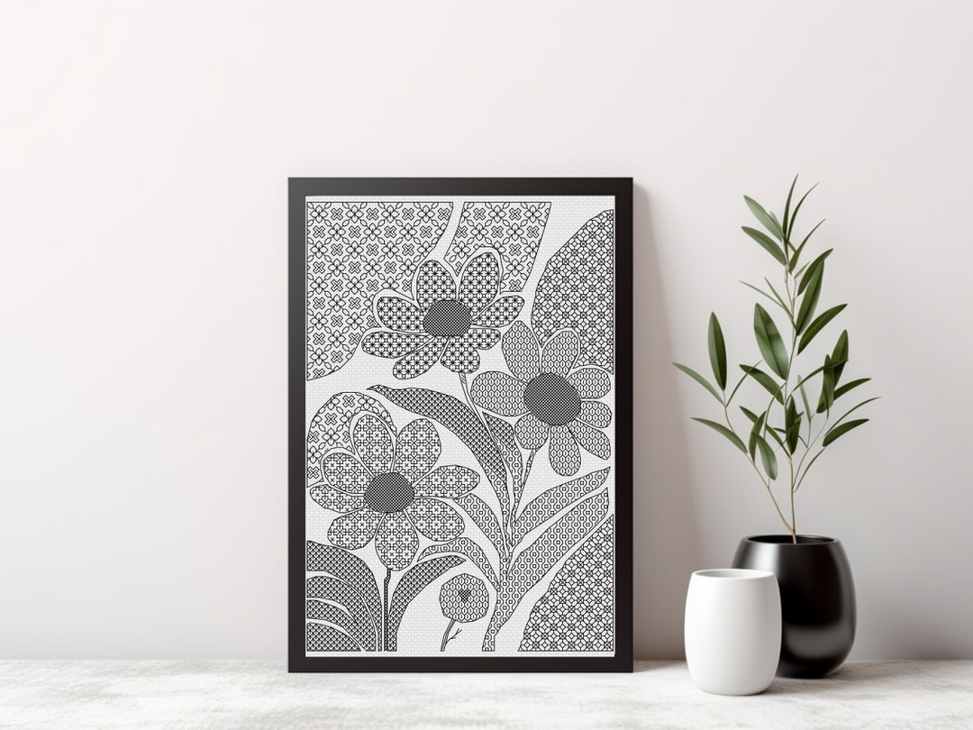 Blackwork Flowers Cross Stitch Pattern: Geometric Floral Embroidery ...