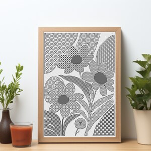 Blackwork Flowers Cross Stitch Pattern: Geometric Floral Embroidery ...